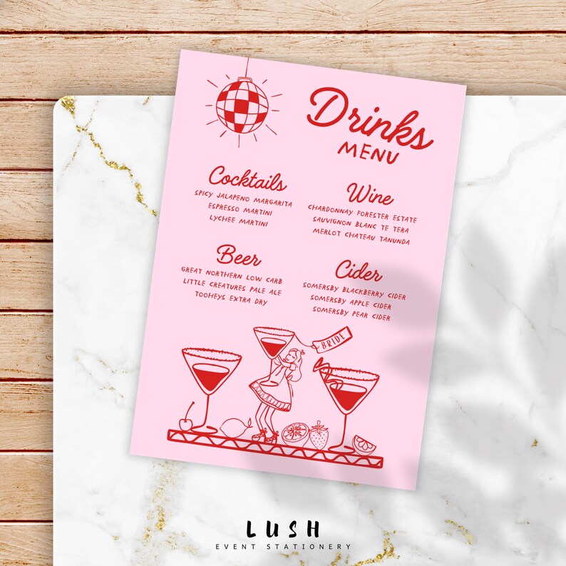 Hand Drawn Bachelorette Party Drinks Menu, Illustrated Hens Drinks ...