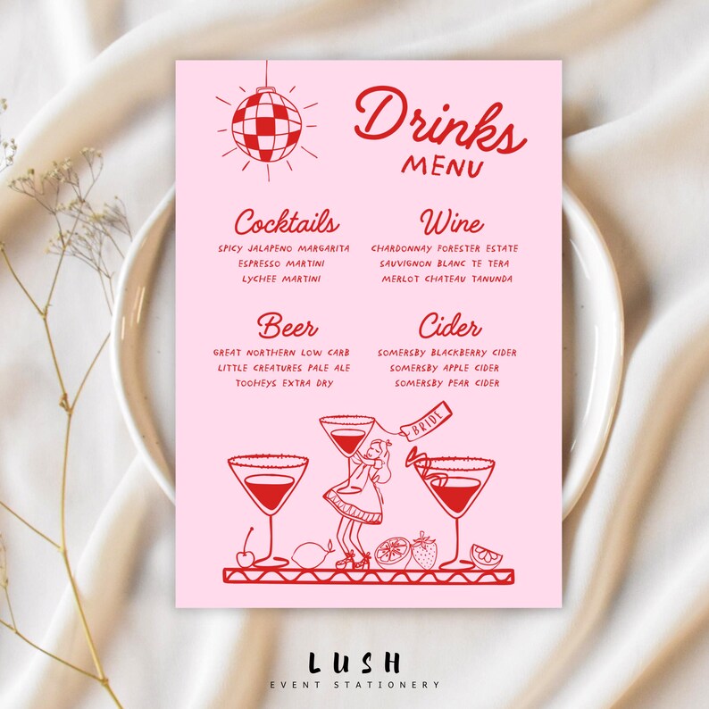 Hand Drawn Bachelorette Party Drinks Menu, Illustrated Hens Drinks ...