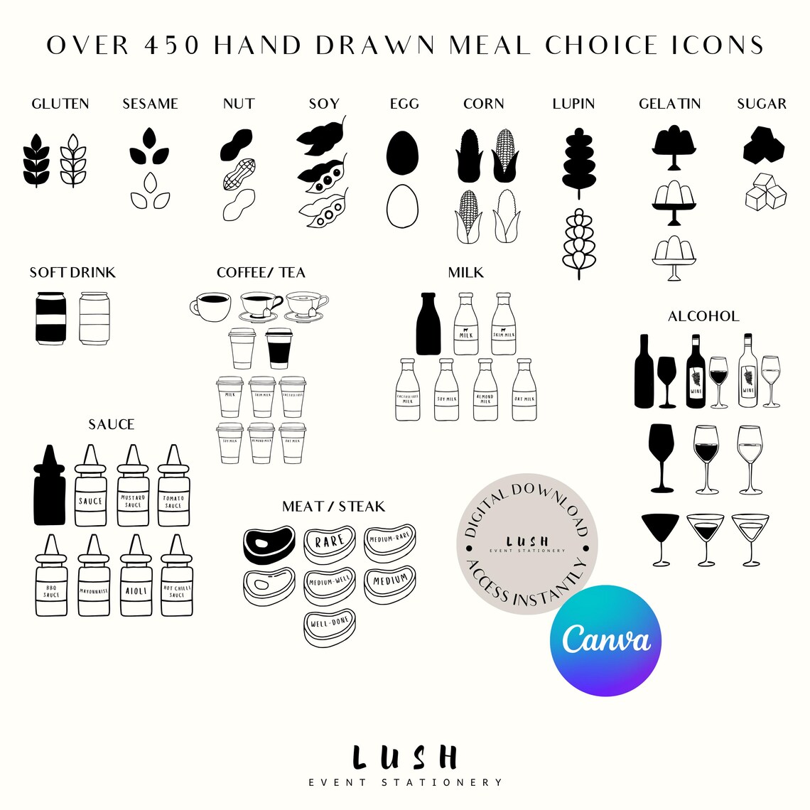 450 Hand Drawn Meal Choice Icons, Illustrated Food Icons, Hand Drawn ...