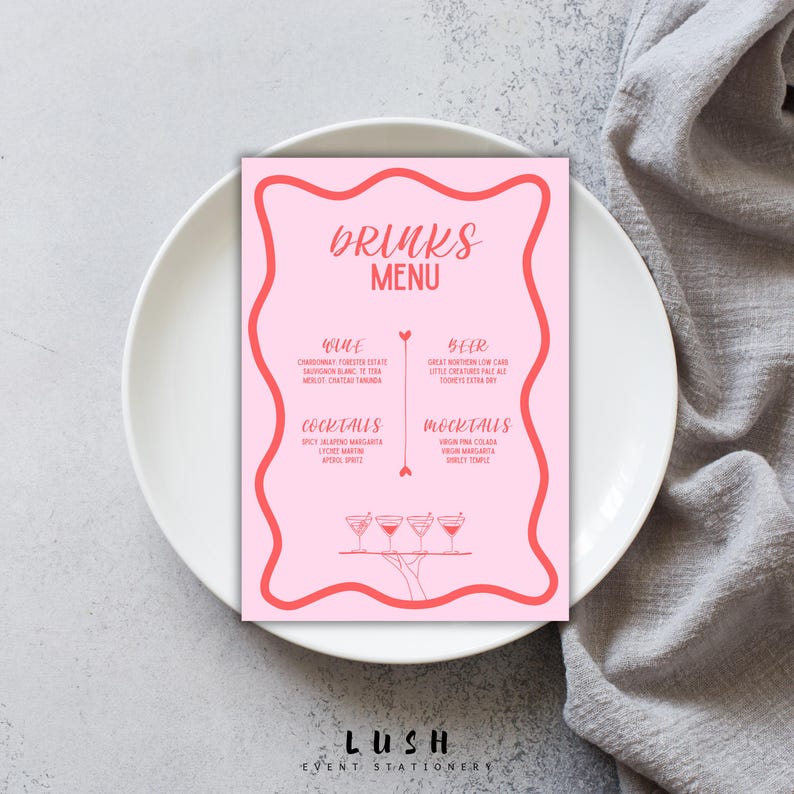 Hand Drawn Bar and Drinks Menu Illustrated Bachelorette Party Menu Hens ...