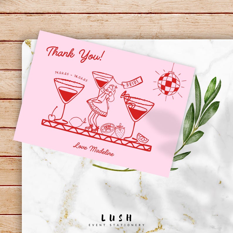 Hand Drawn Bachelorette Thank You Card Template, Illustrated Bridal ...