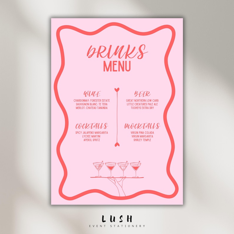 Hand Drawn Bar and Drinks Menu Illustrated Bachelorette Party Menu Hens ...