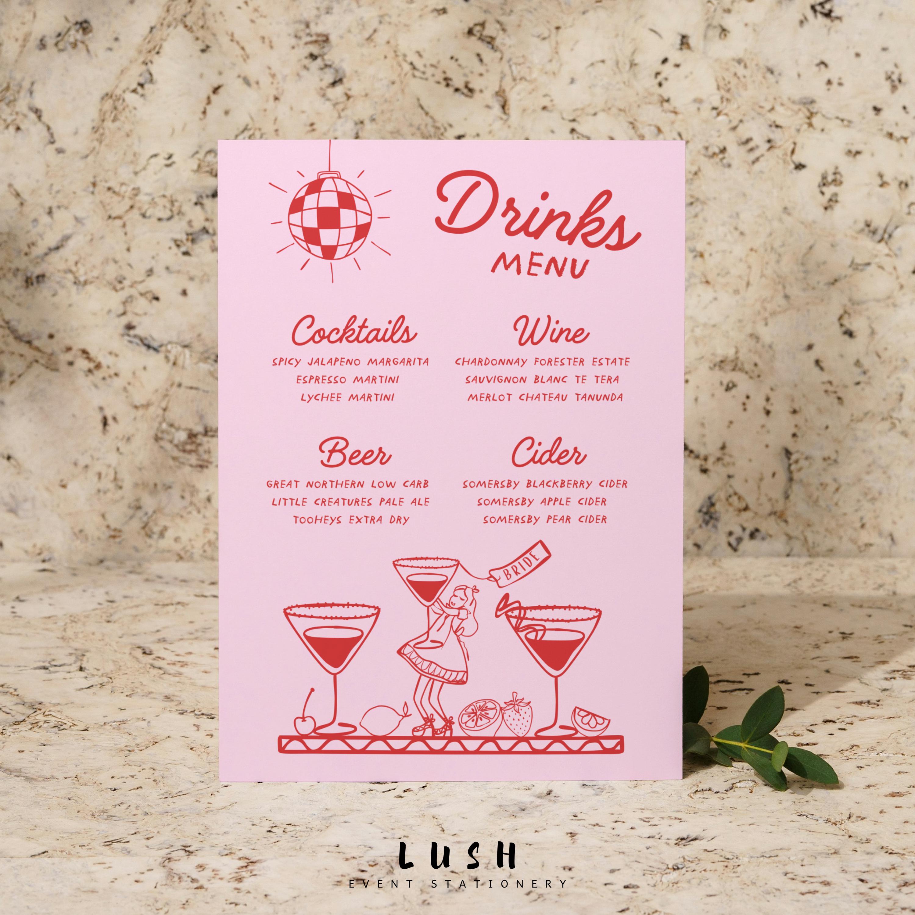 Hand Drawn Bachelorette Party Drinks Menu, Illustrated Hens Drinks ...