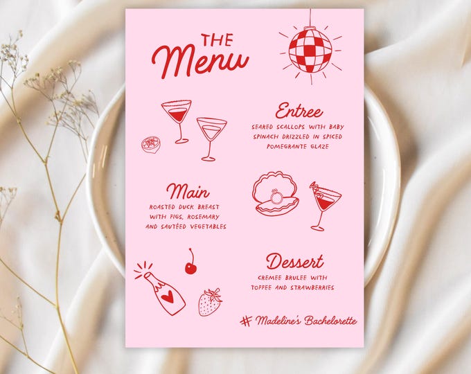 Hand Drawn Bachelorette Menu Template, Bridal Shower Menu, Hens Party ...