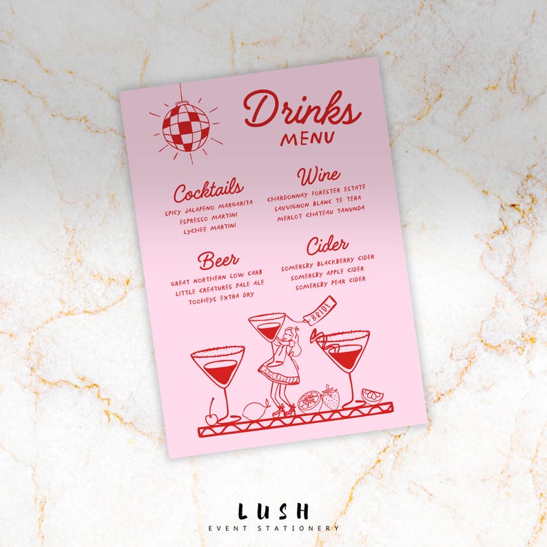 Hand Drawn Bachelorette Party Drinks Menu, Illustrated Hens Drinks ...