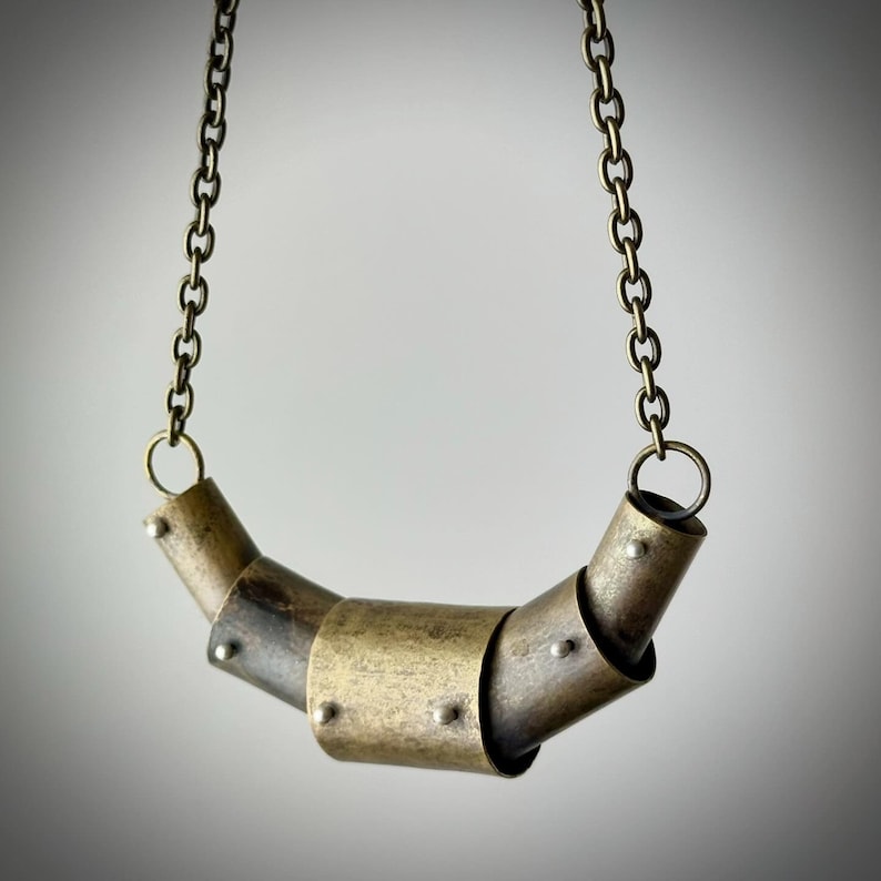 Brass and Fine Silver Kinetic Brutalist Necklace, Edgy Industrial Architectural Necklace, Post ...
