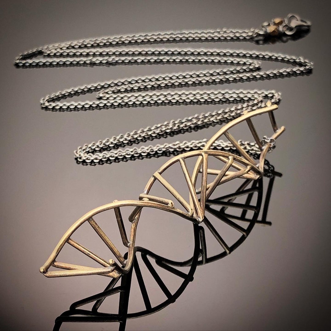 Brass Double Helix DNA Necklace, Long Oxidized Sterling Silver Chain ...