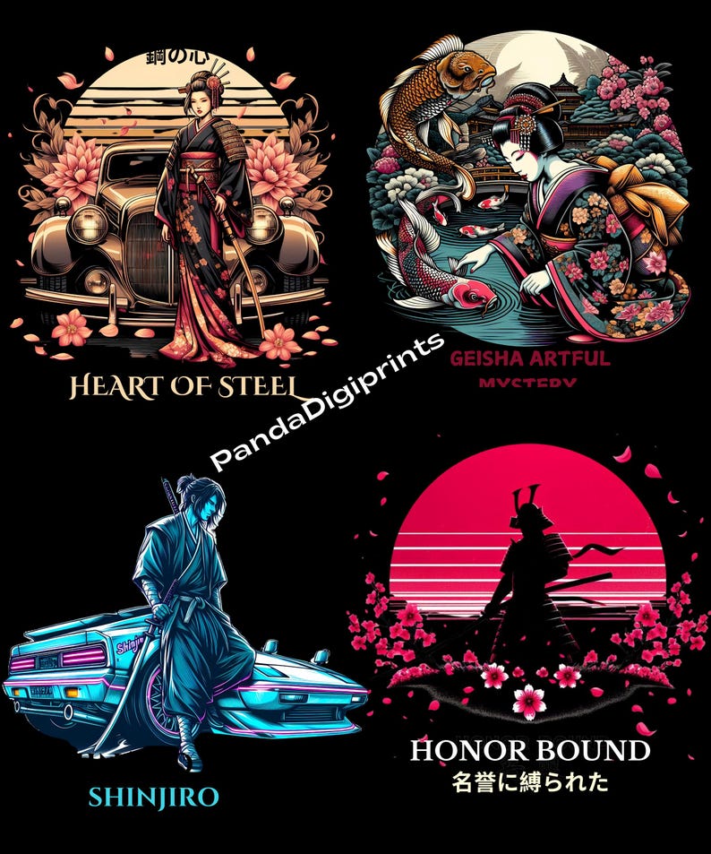 Japanese Design Bundle PNG Samurai & Geisha Art, Urban Streetwear ...
