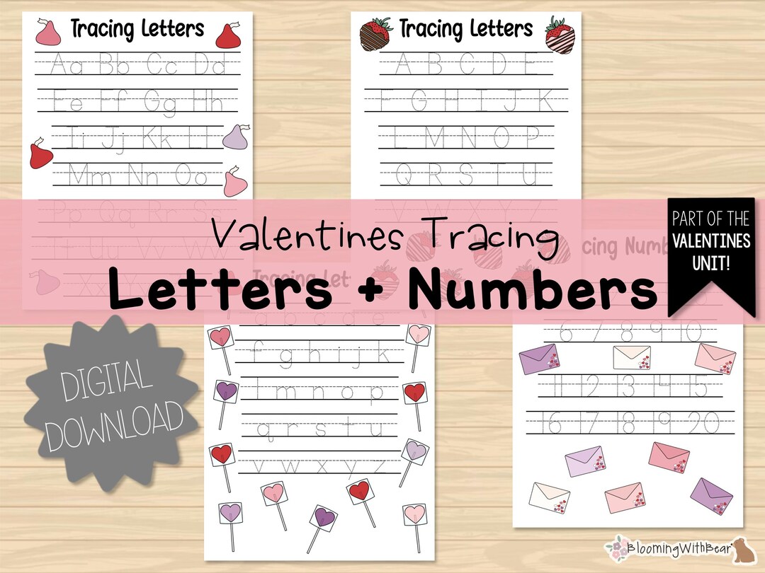 Valentines Tracing Letters and Numbers | Handwriting Practice Worksheet ...