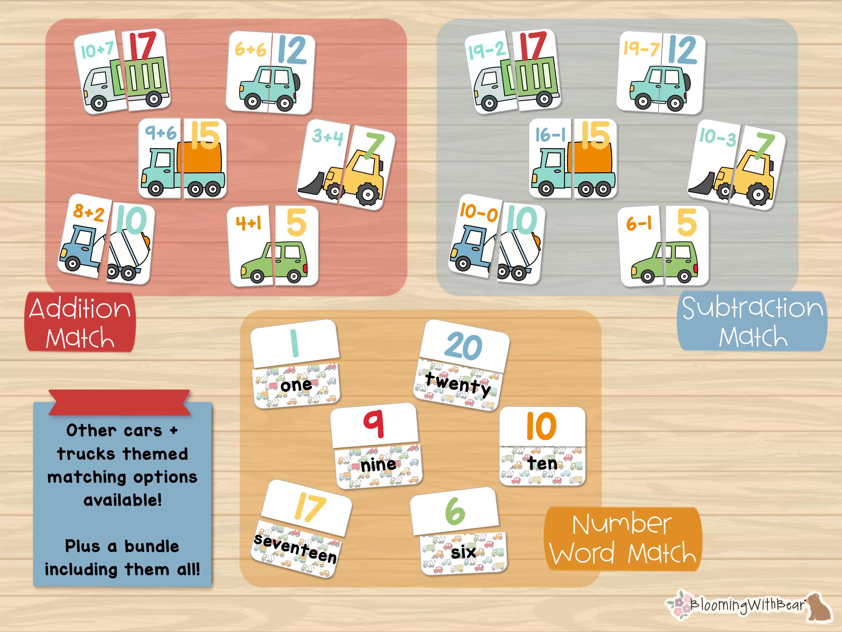 Cars and Trucks Number Match: Counting to 20 (digital Download) - Etsy