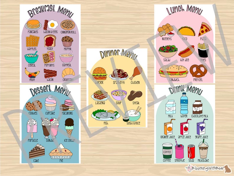 Play Menu Pretend Play Dramatic Play Kitchen Restaurant Breakfast Lunch ...