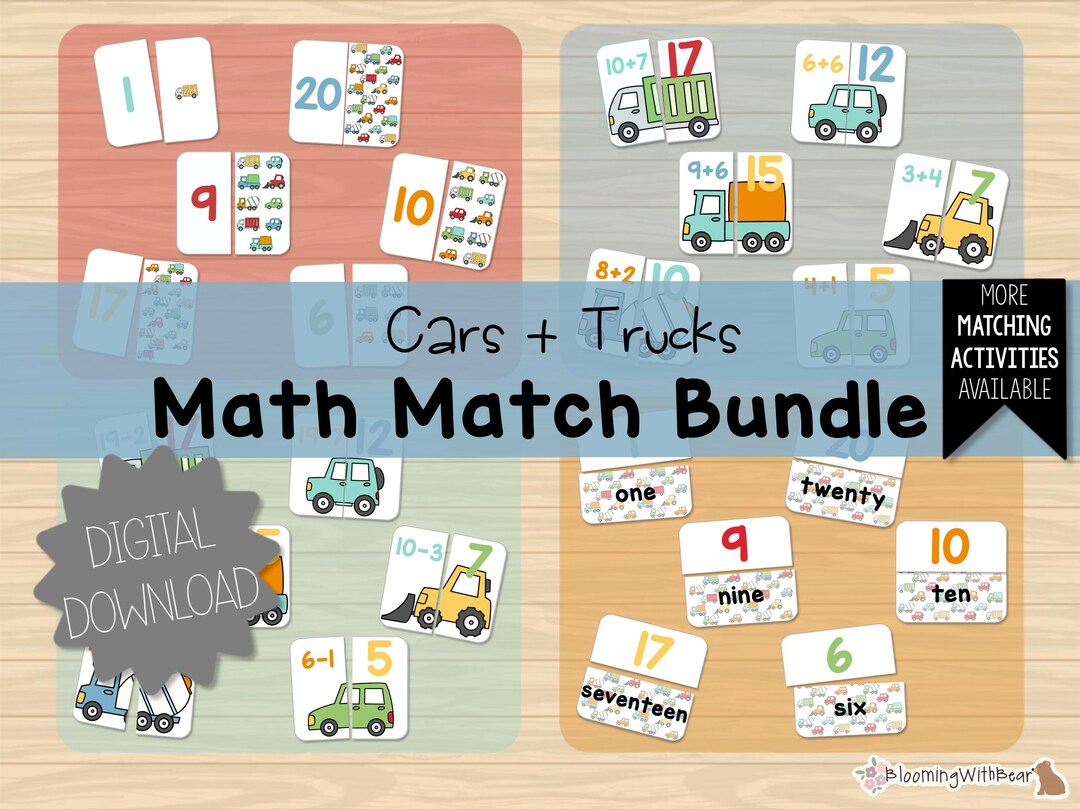 Cars & Trucks Number Match Bundle: Montessori Learning (digital ...
