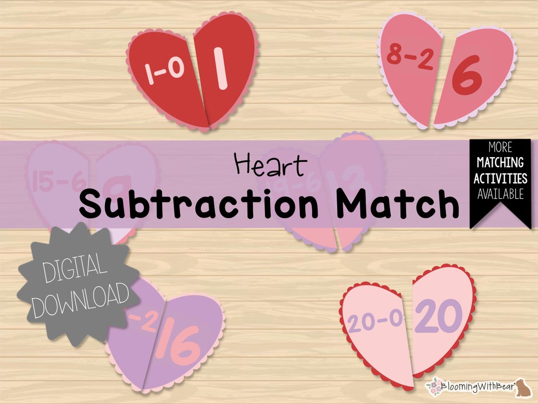 Subtraction Match Hearts | Counting to 20 | Valentines Matching ...