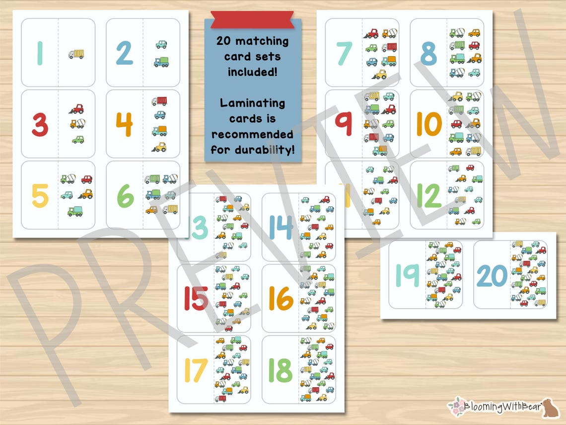Cars and Trucks Number Match: Counting to 20 (digital Download) - Etsy