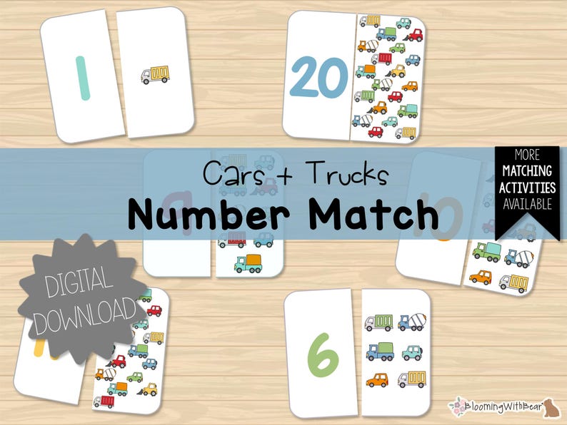 Cars and Trucks Number Match: Counting to 20 (digital Download) - Etsy