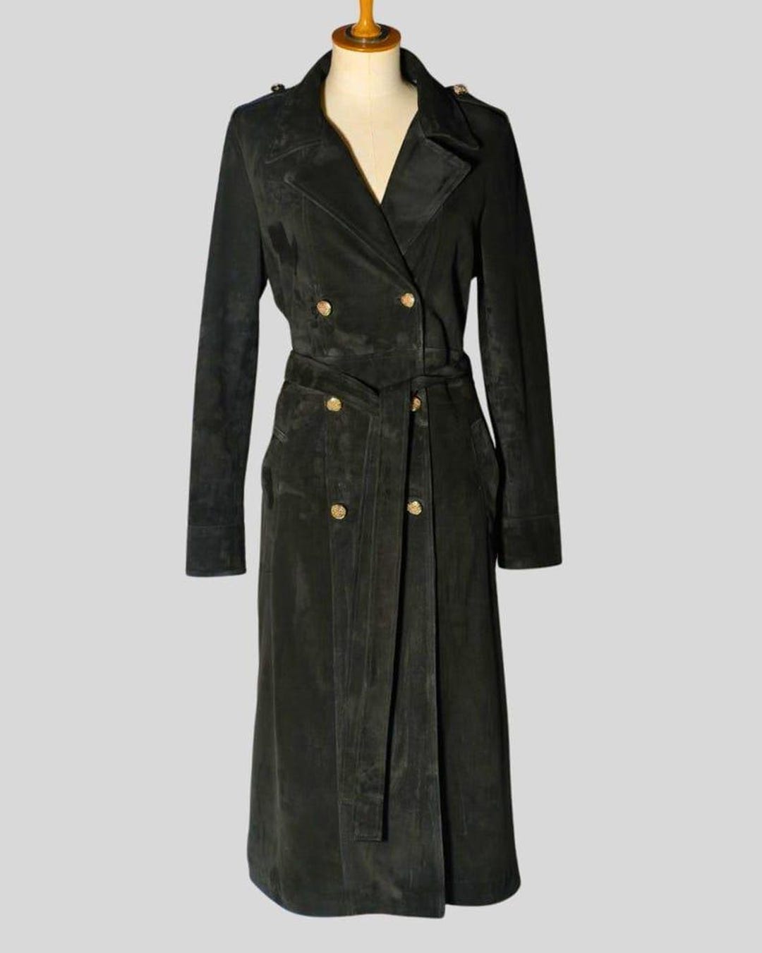 Black Suede Long Trench Coat Women – Double Breasted Military Style ...