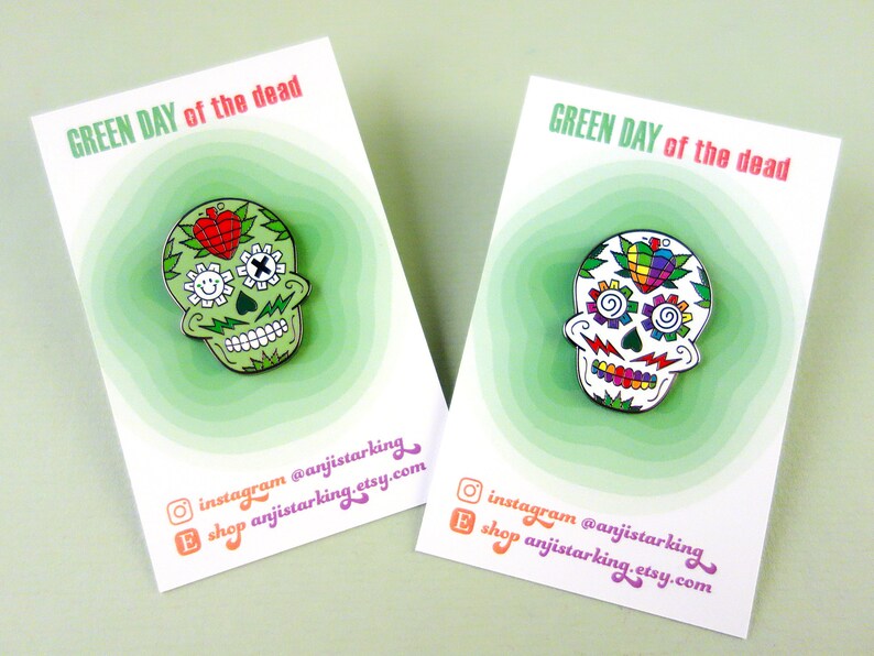 Green Day of the Dead enamel pins Day of the Dead sugar | Etsy
