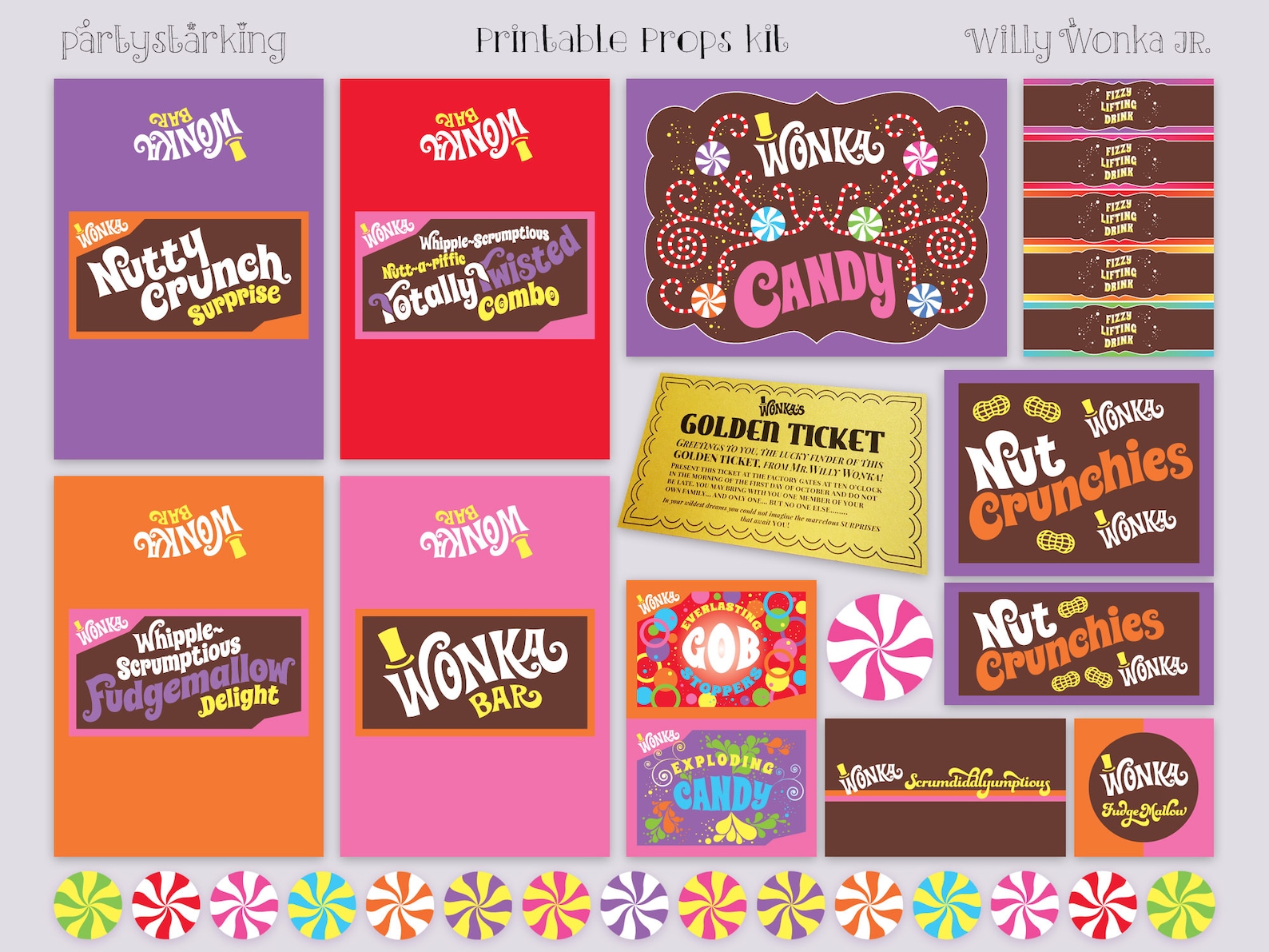 Willy Wonka JR. Printable Props, Candy Cart Sign, Wonka Bar Wrappers ...