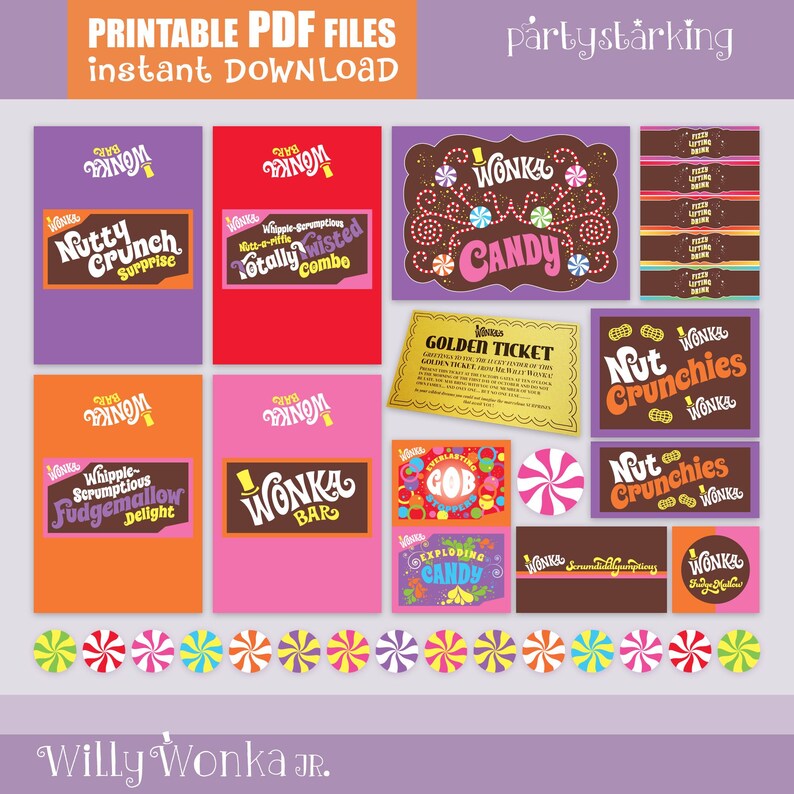 Willy Wonka JR. Printable Props, Candy Cart Sign, Wonka Bar Wrappers ...