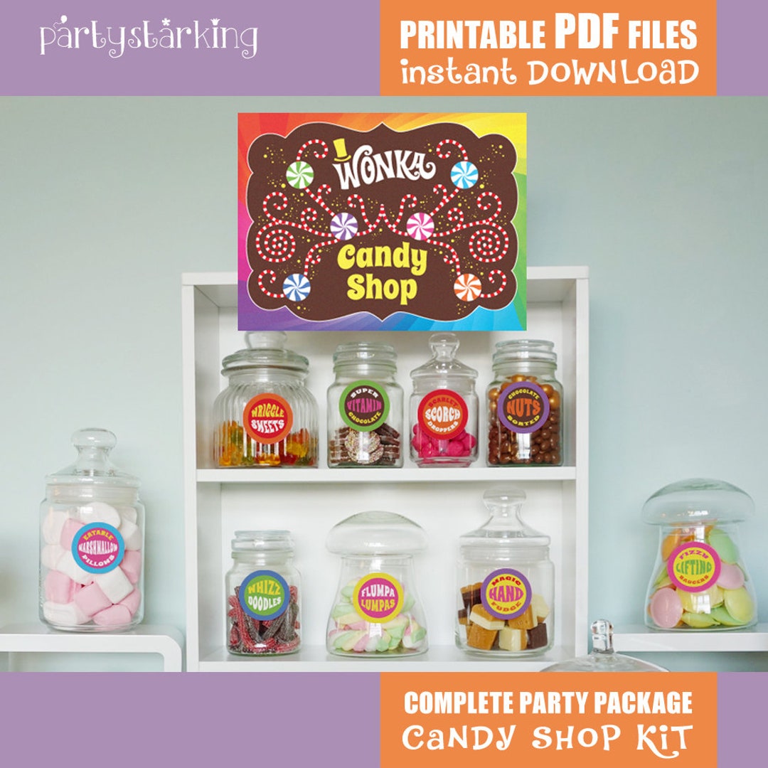 Candy Shop Signs, Candy Jar Labels, Wonka Bar Labels, Willy Wonka ...
