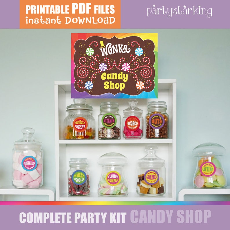 Candy Shop Kit, Signs, Candy Jar Labels, Wonka Printable Party Rainbow ...