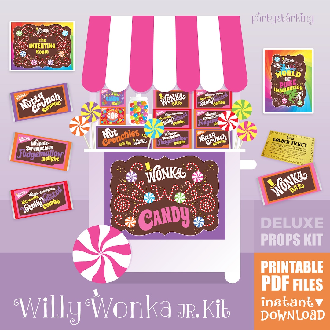 Willy Wonka JR. Printable Props, Signs, Wonka Bar Wrappers, Golden ...