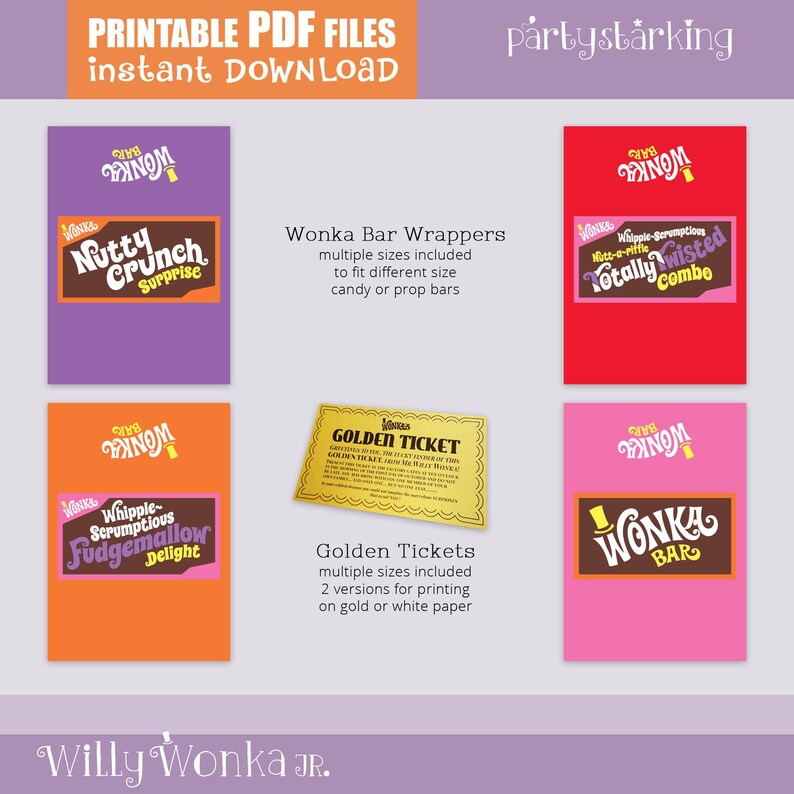 Willy Wonka JR. Printable Props, Signs, Wonka Bar Wrappers, Golden ...