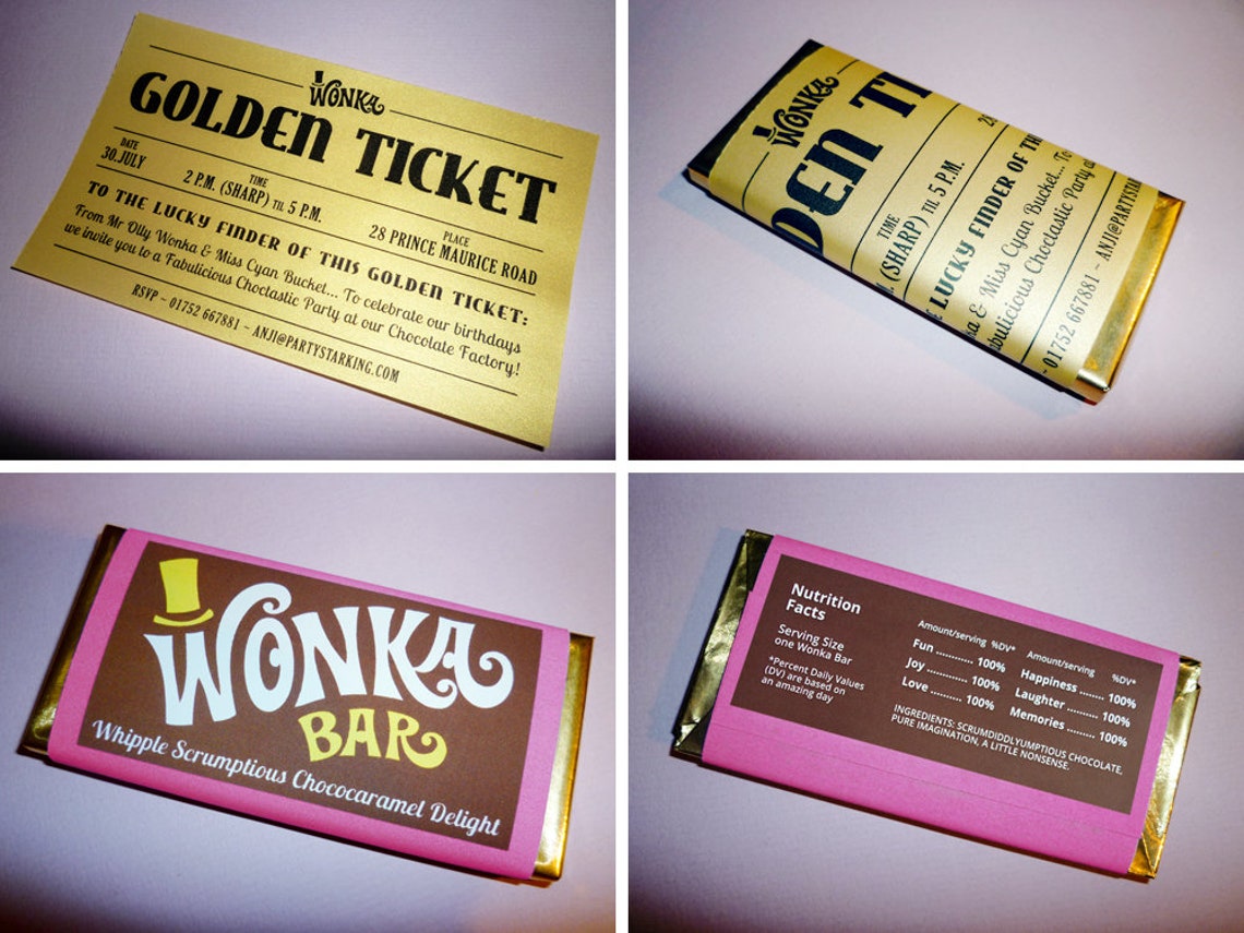 Wonka Bar & Golden Ticket Invitations Candy Wrappers Personalized PDF ...