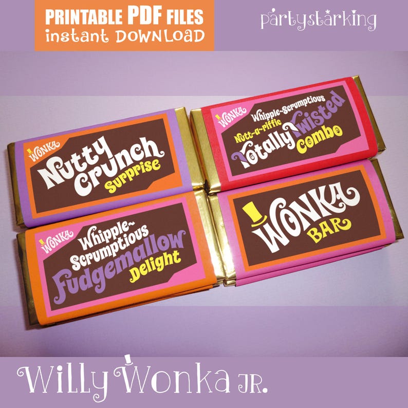 Willy Wonka JR. Printable Props, Signs, Wonka Bar Wrappers, Golden ...