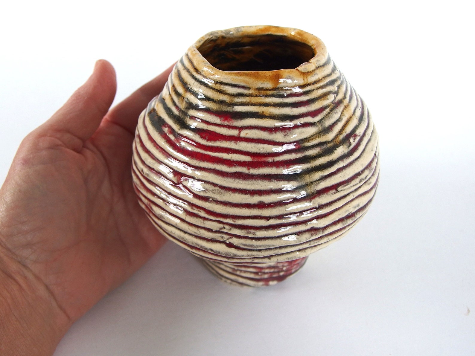 Handmade Rustic Vase Red White and Black Coil Container - Etsy