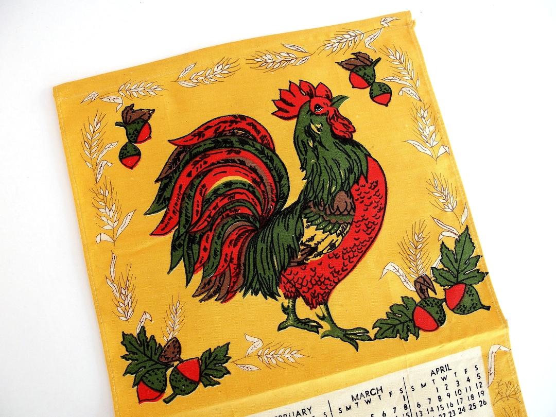 1975 Rooster Calendar, Chicken and Acorn Kitchen Tea Towel or Wall ...