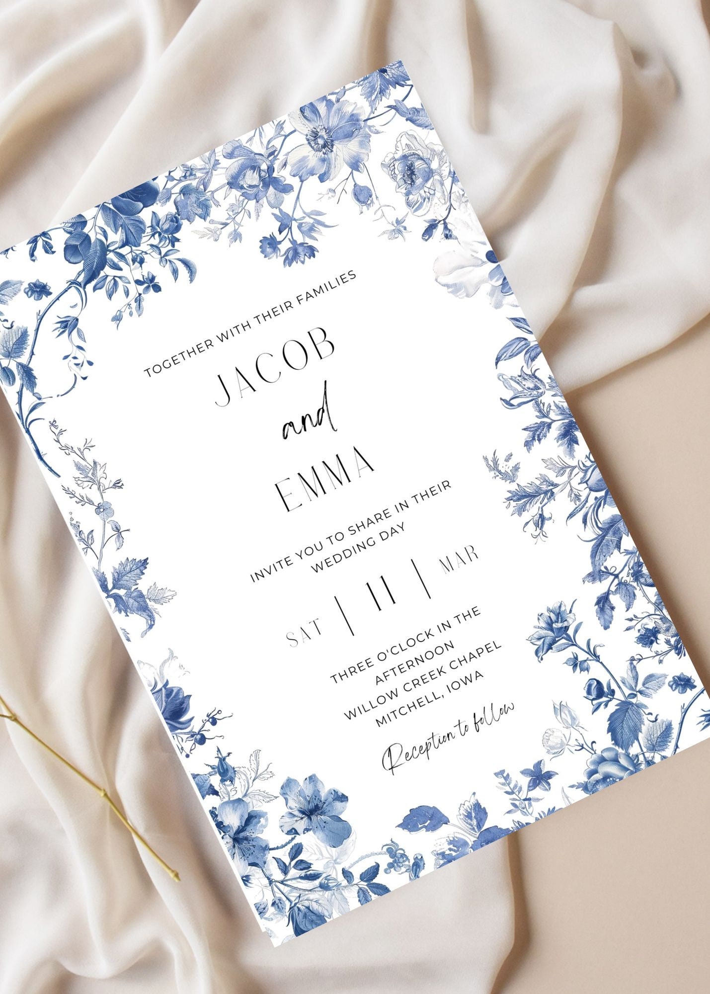 Dusty Blue Wedding Invitation, Editable Canva Printable Template ...