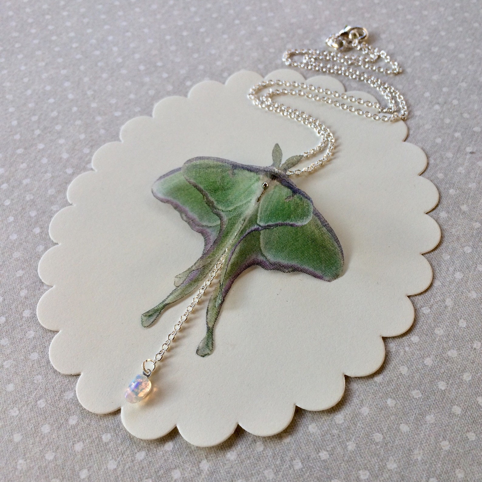 Luna Moth Necklace, Silver Opal Necklace, Silk Organza Luna Moth, Raw ...