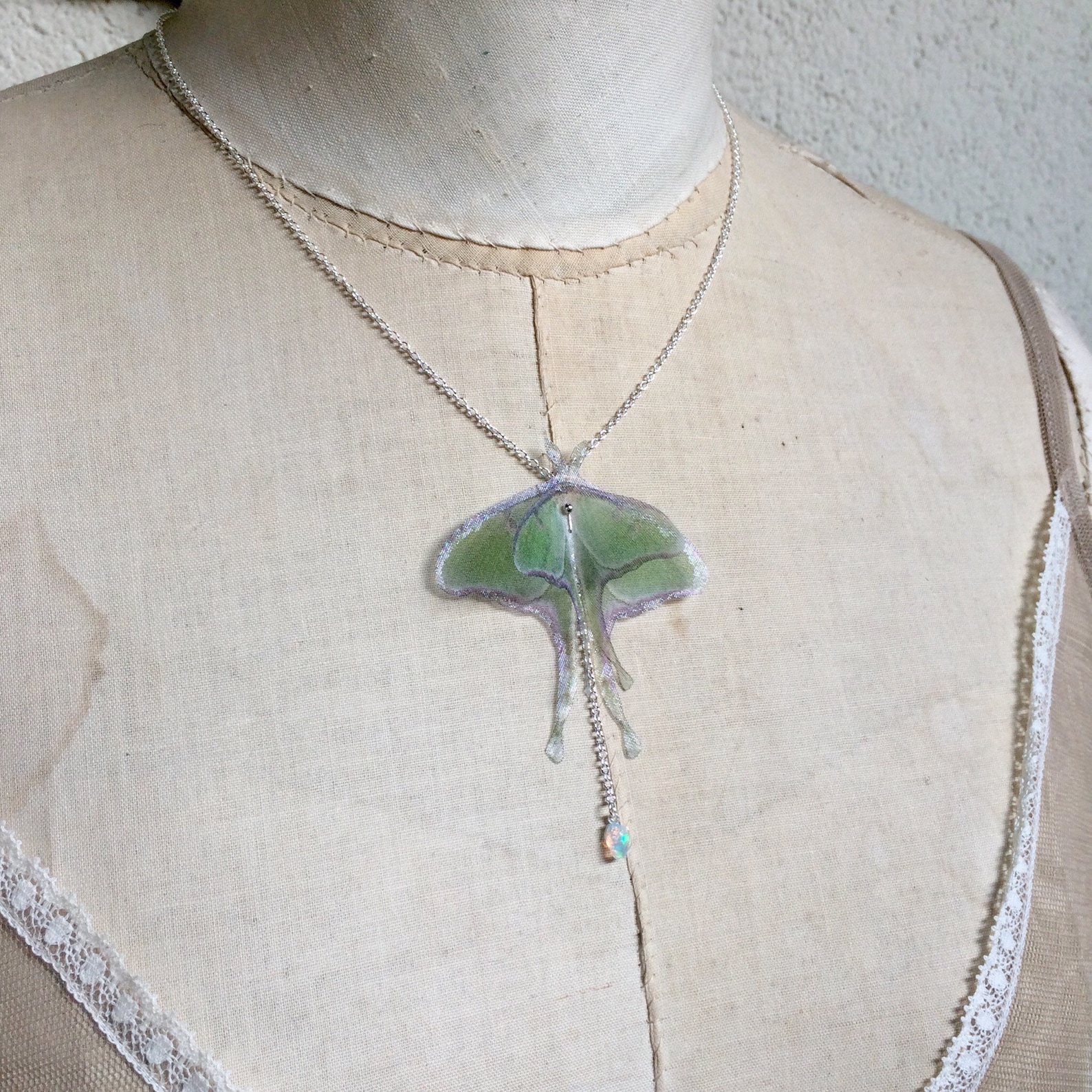Luna Moth Necklace, Silver Opal Necklace, Silk Organza Luna Moth, Raw ...