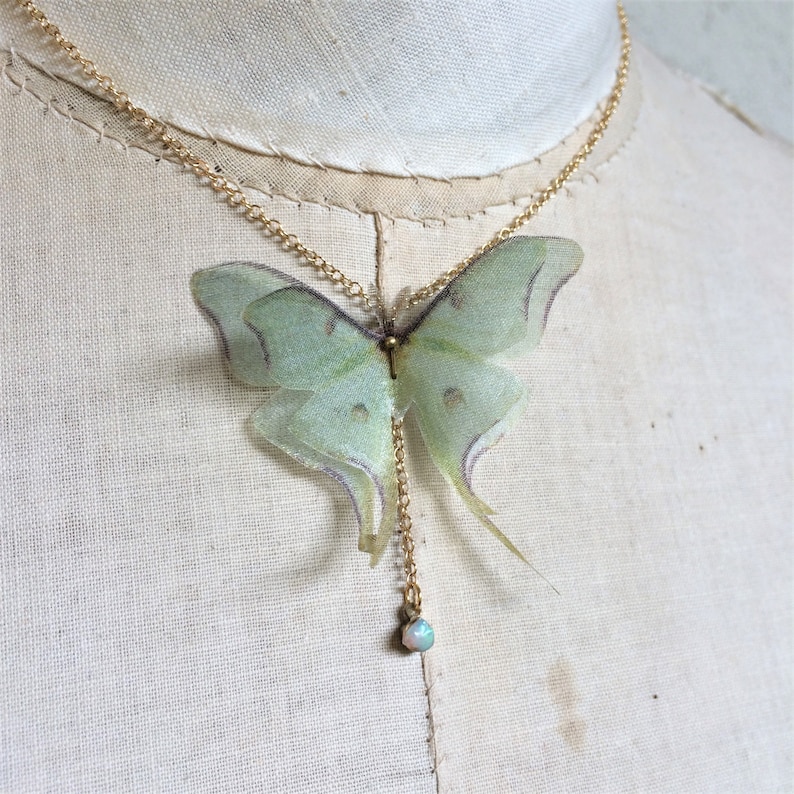 Luna Moth Necklace, Opal Necklace, Silk Organza Luna Moth, Raw ...