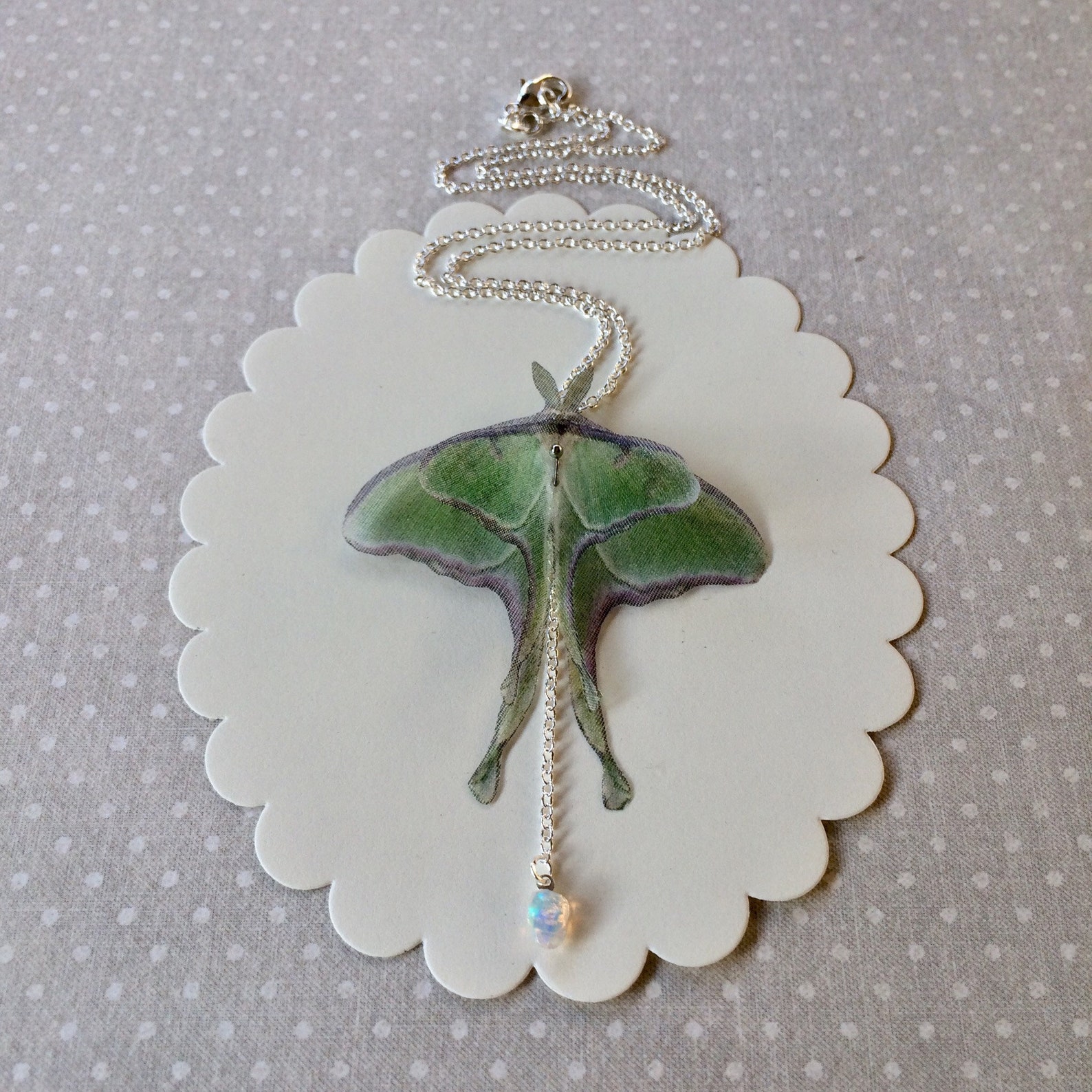 Luna Moth Necklace, Silver Opal Necklace, Silk Organza Luna Moth, Raw ...