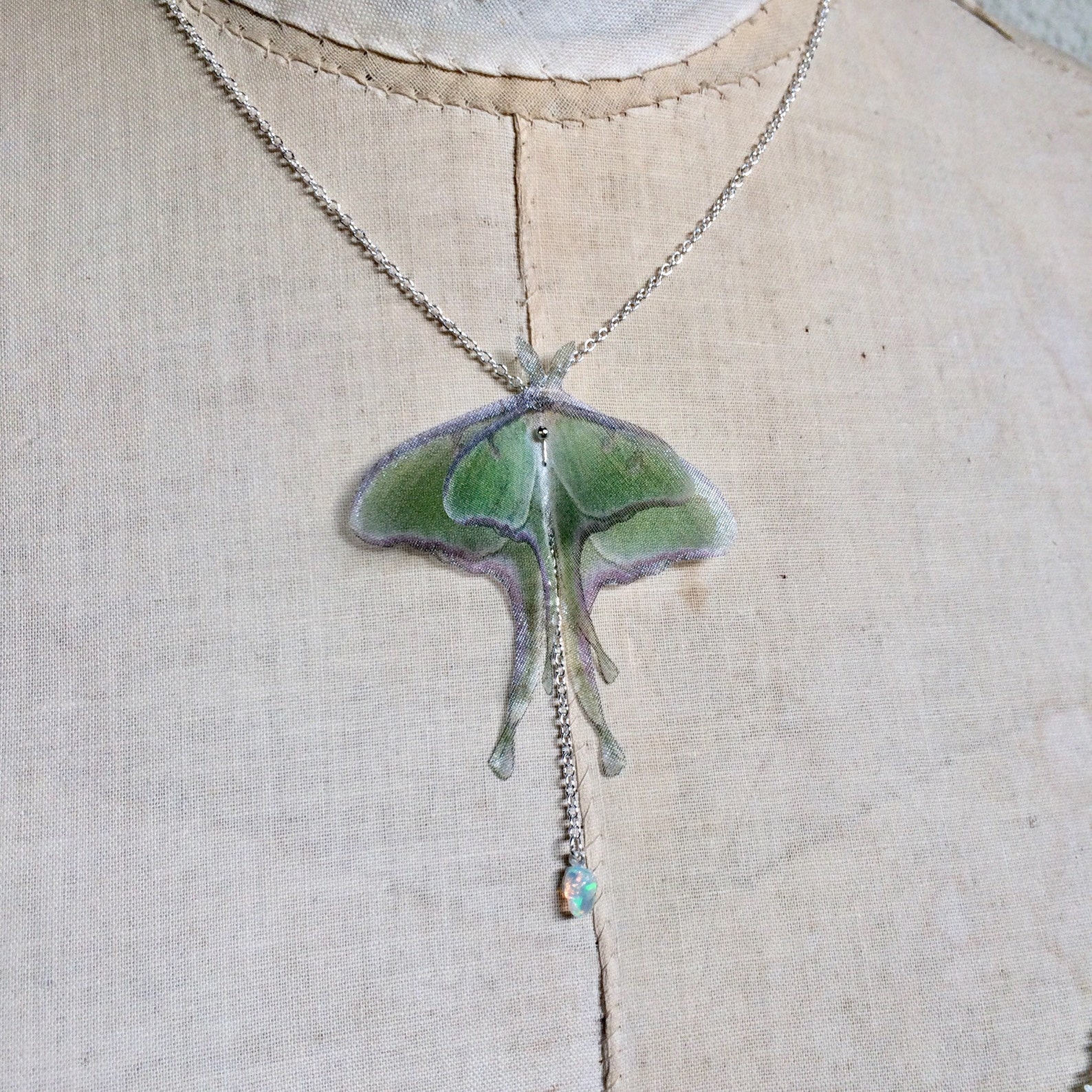Luna Moth Necklace, Silver Opal Necklace, Silk Organza Luna Moth, Raw ...