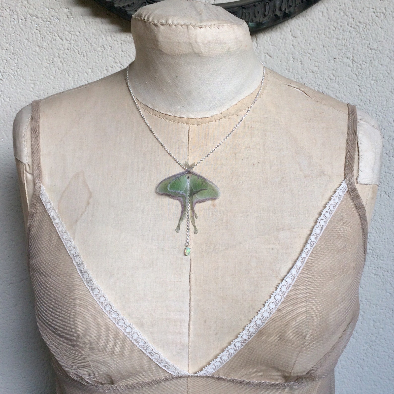 Luna Moth Necklace, Silver Opal Necklace, Silk Organza Luna Moth, Raw ...