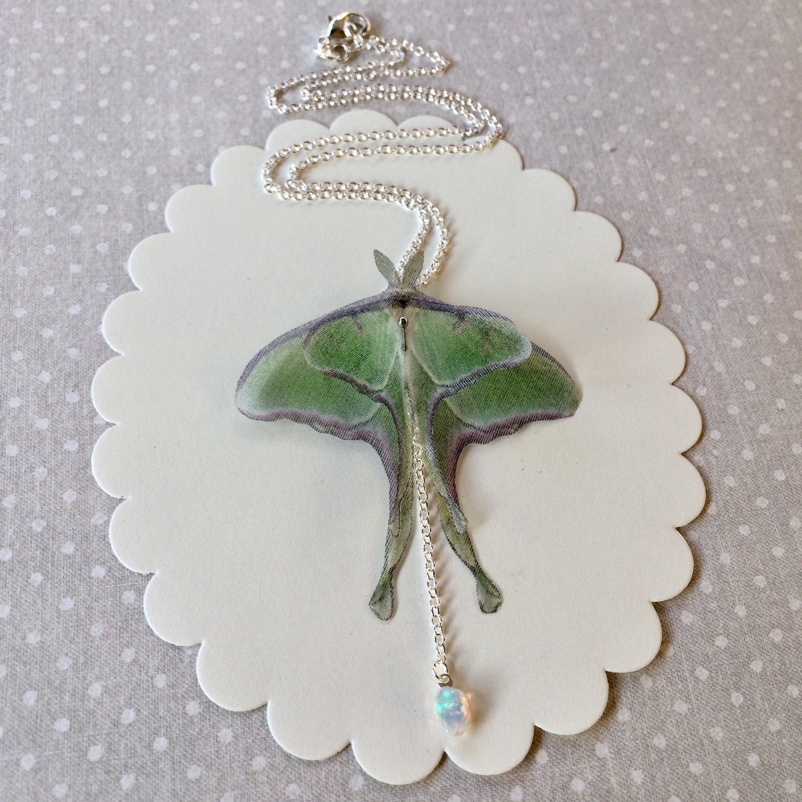 Luna Moth Necklace, Silver Opal Necklace, Silk Organza Luna Moth, Raw ...