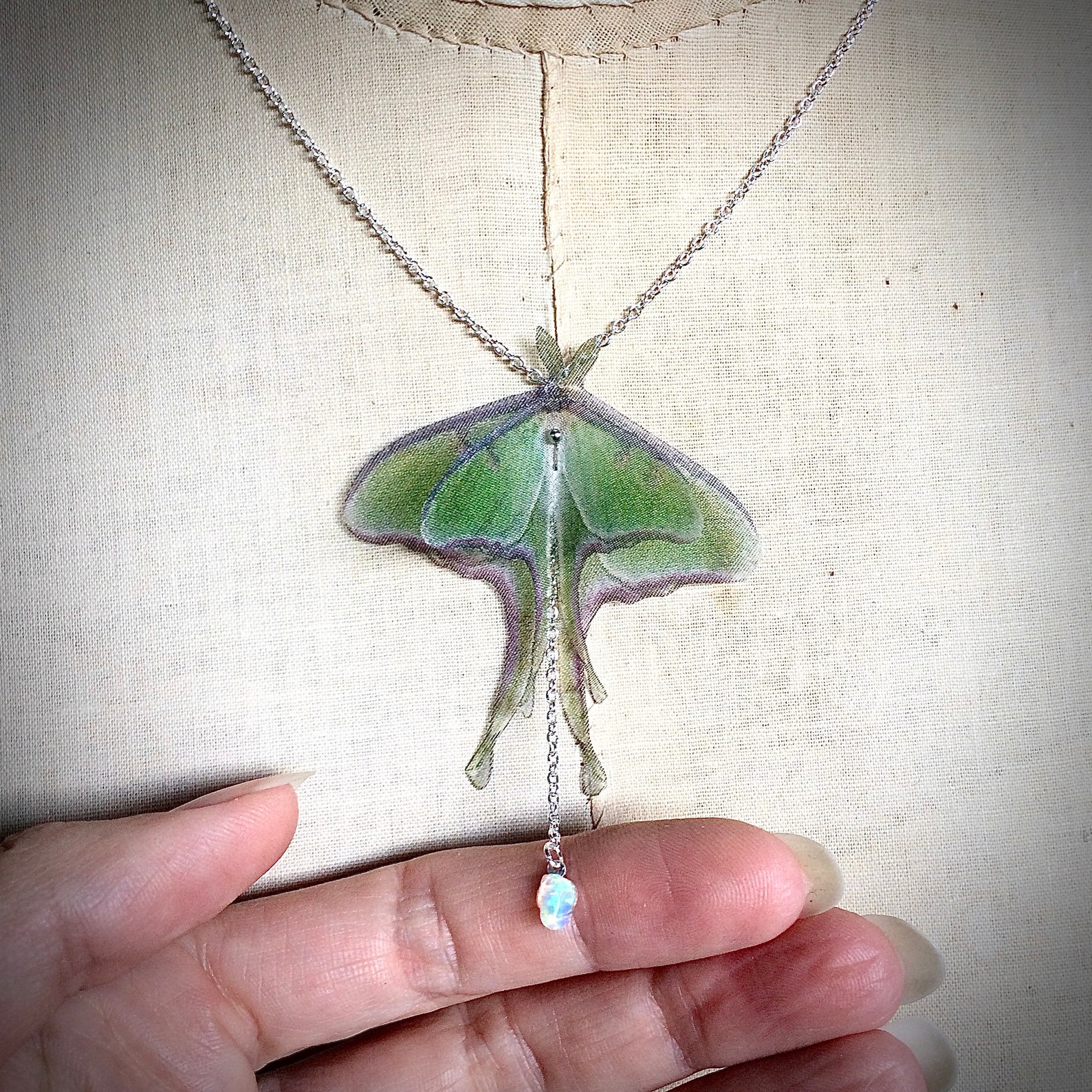 Luna Moth Necklace, Silver Opal Necklace, Silk Organza Luna Moth, Raw ...