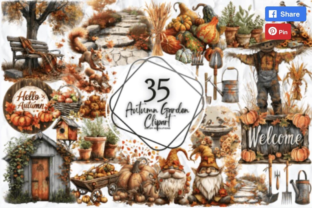 Autumn Garden Clipart Watercolor Fall Garden Clipart Rustic Pumpkin ...