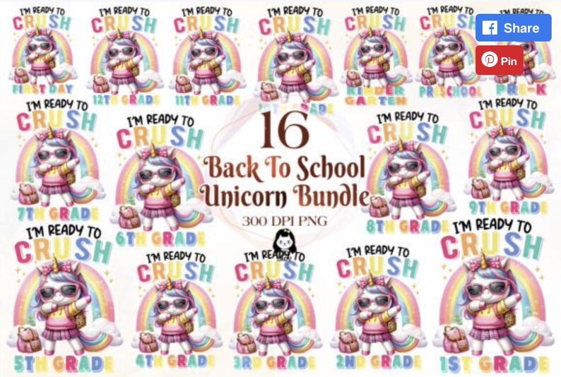 I'm Ready to Crush Cute Unicorn Png Bundle Back to School Girls Png Unicorn Lovers Girls First ...
