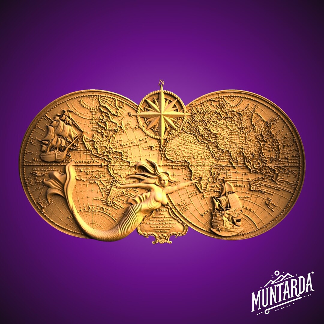 Mystical Mariner: STL Model for 3D CNC Router Mermaid & World Map Wall ...