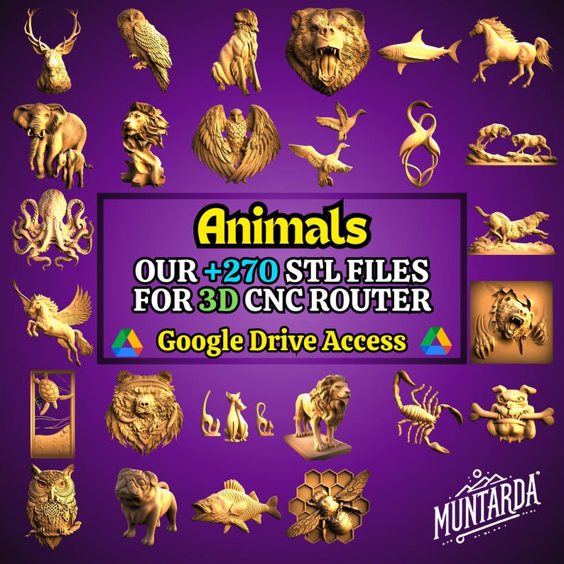 The Animals Pack: 270 STL Files for 3D CNC Routers Google Drive Access ...