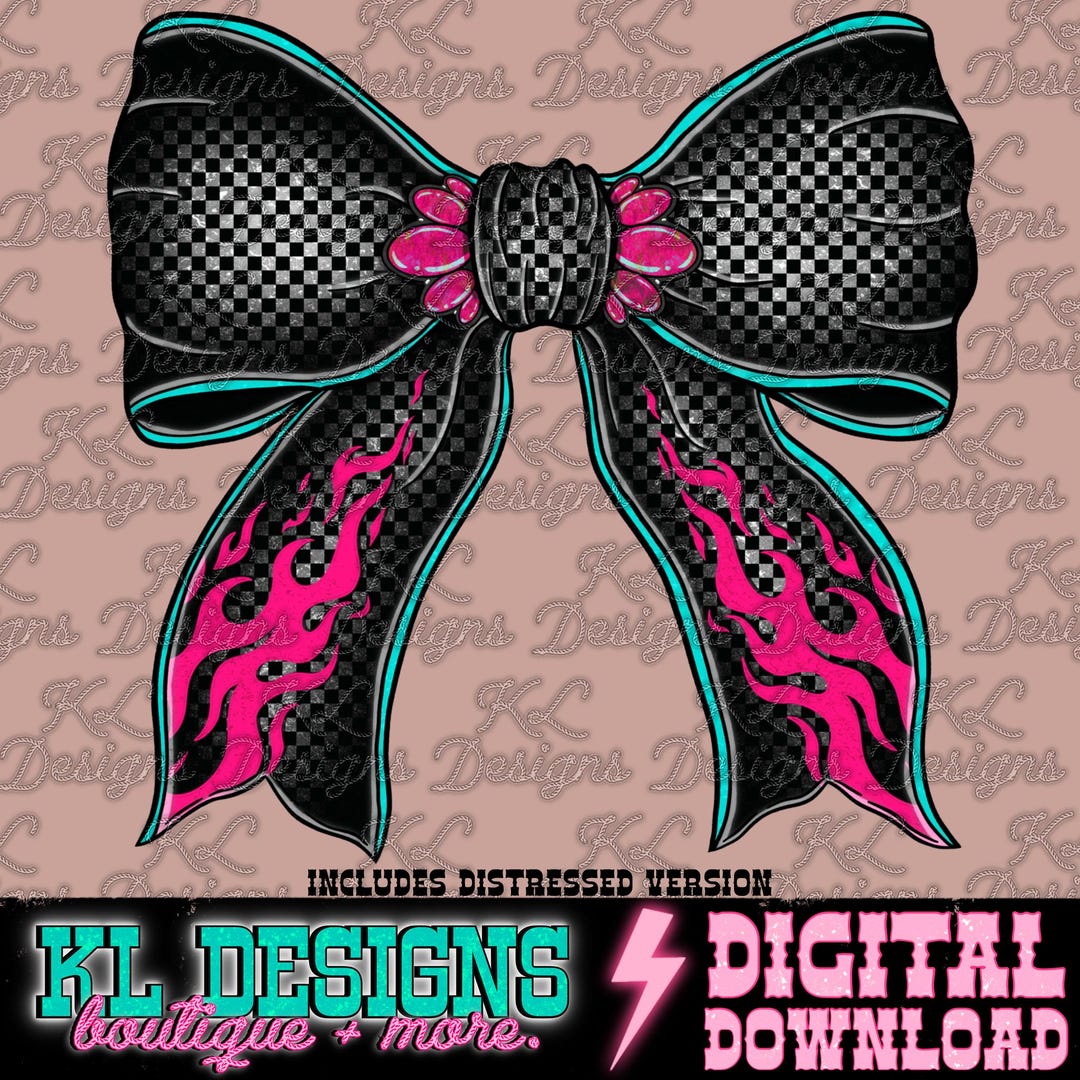 Edgy Pink Turquoise Checkered Flame Bow PNG - Etsy