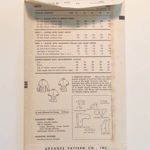Advance 8058 Size 12 Vintage 1950s Misses Blouse Sewing Pattern - Etsy