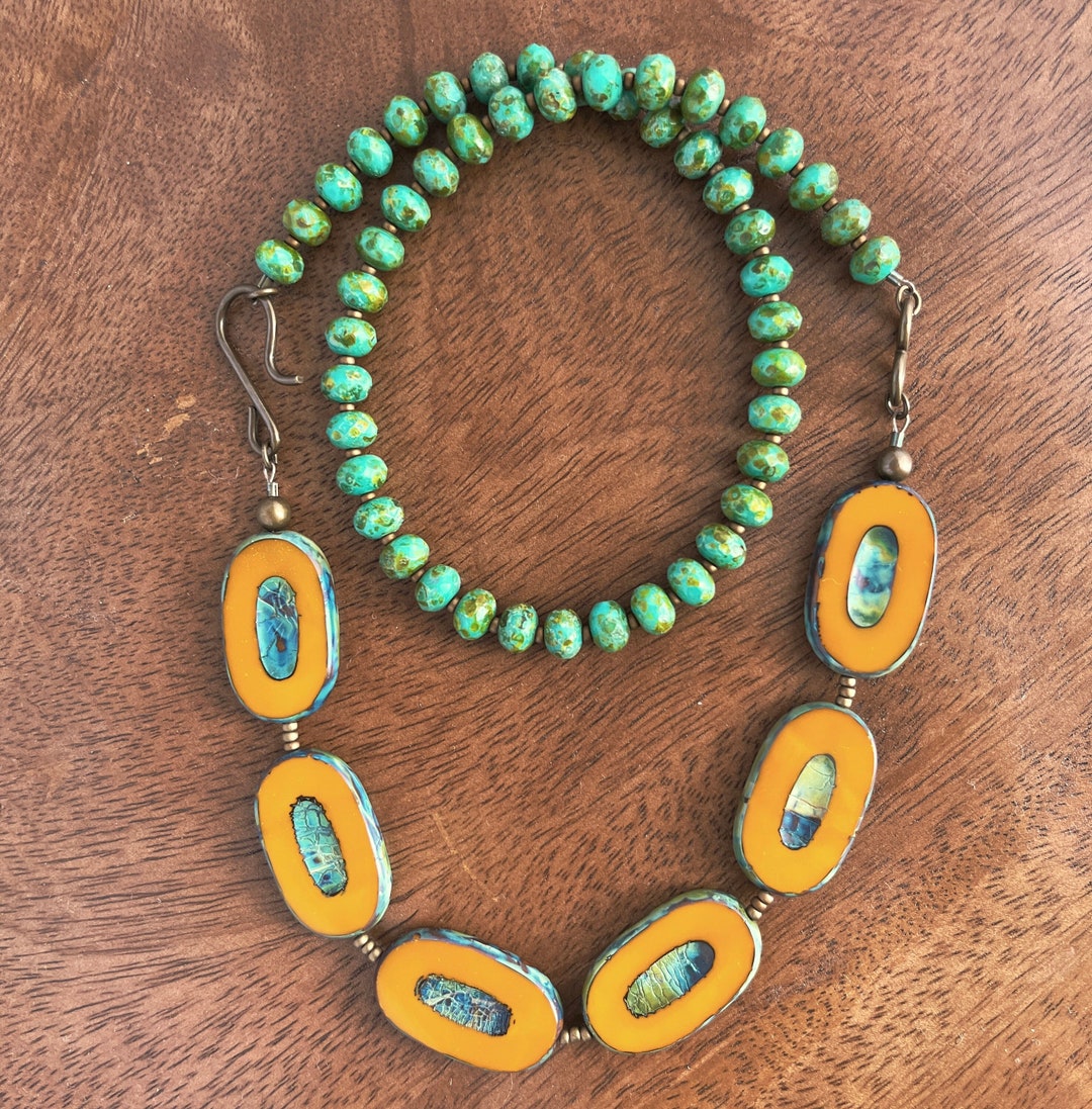 Mustard Yellow. Green. Czech Glass Bead Jewelry. Natural Brass Ooak ...
