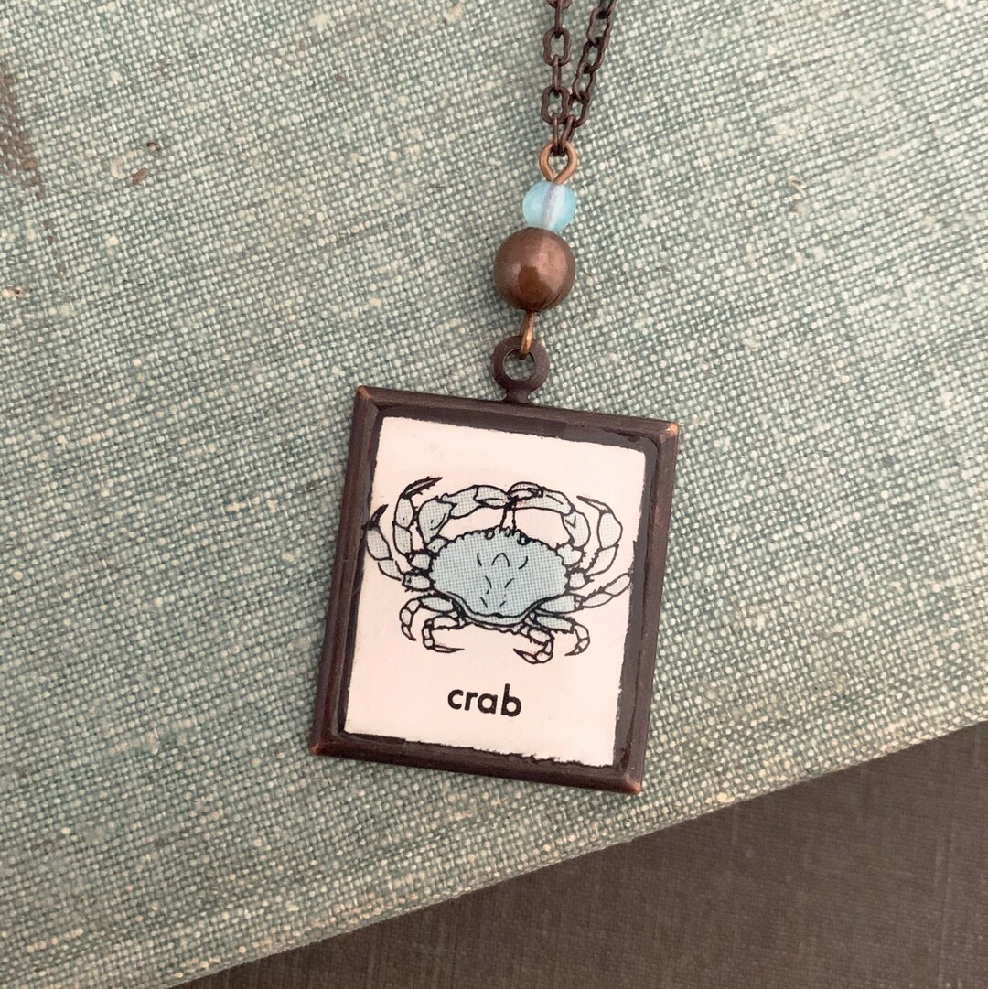 Blue. Crab. Upcycled Vintage Illustration. Pendant Jewelry. Ooak ...