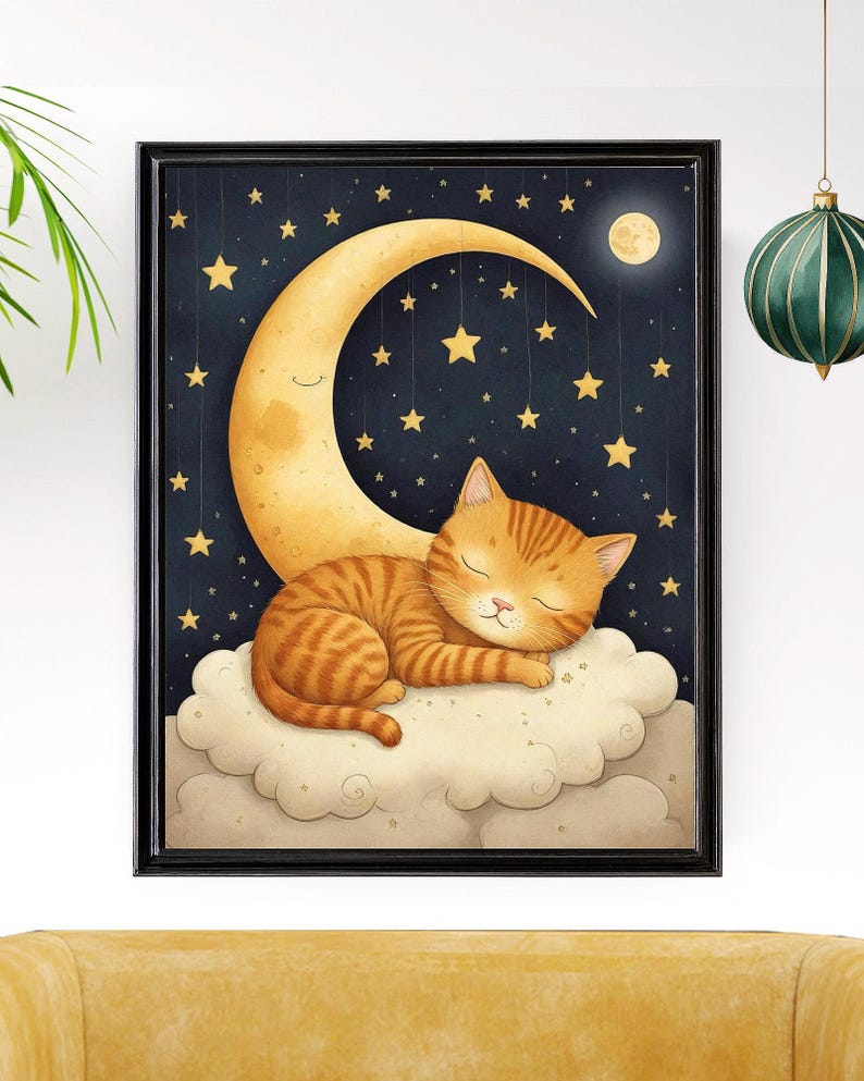 Little Cat Sleeping on Cloud Wall Art, Animal Nursery Decor,baby Cat ...