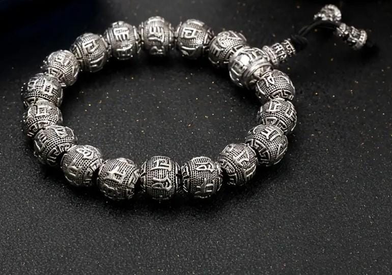 Handcrafted Tibetan Obsidian Beaded Bracelet - Silver Plated Buddhist ...